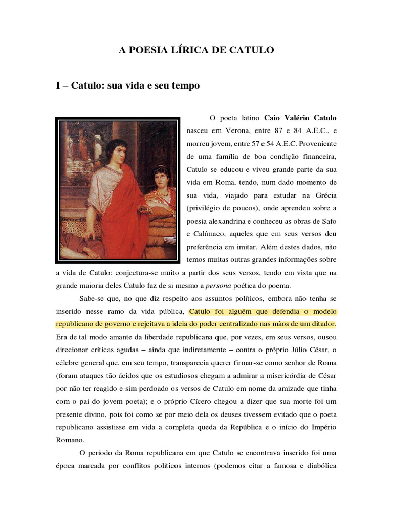 A Vida e Obra de Catulo, Poeta Lírico | PDF | Roma Antiga | Cícero