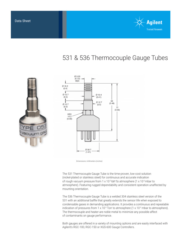 531 and 536 Thermocouple Gauge Tubes Data Sheet | PDF | Thermocouple ...