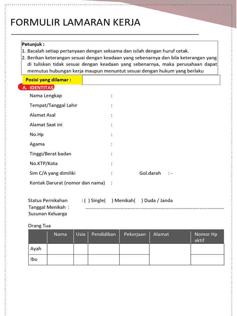 Formulir Lamaran Kerja New 1 Pdf