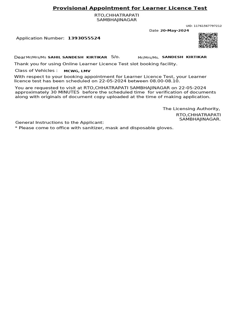 Provisional Appointment For Learner Licence Test | PDF