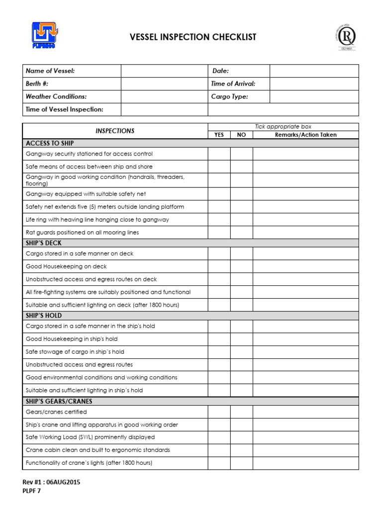 Vessel Inspection Checklist - Last Updated 06.08.15 | PDF | Dangerous ...