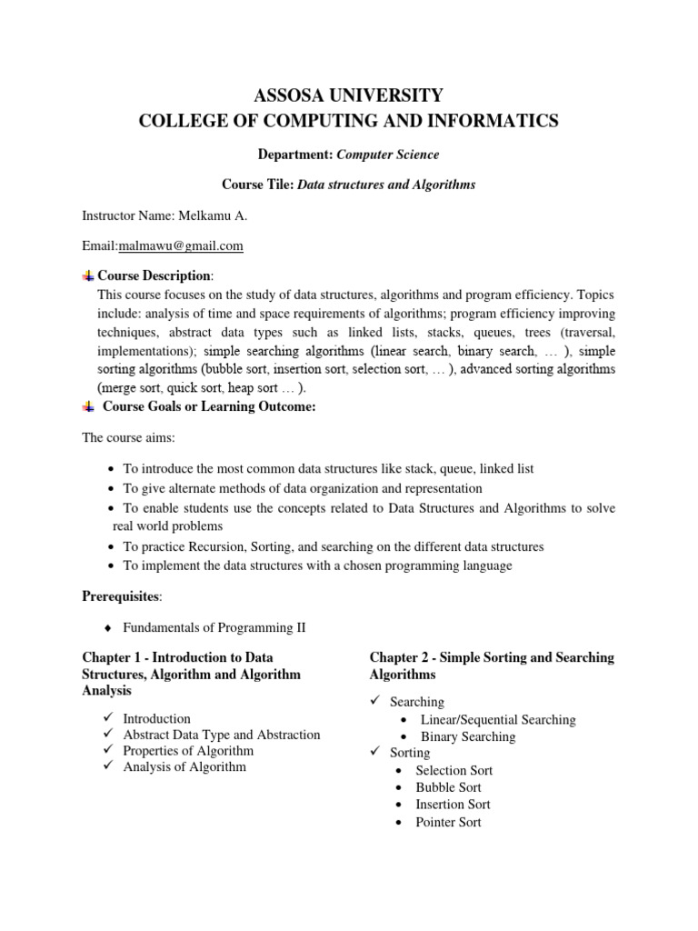 Data Structure Course Outline Pdf Algorithms Data Structure