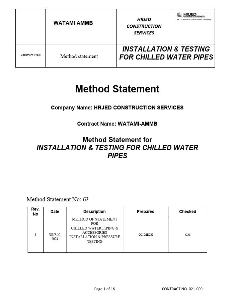 Method Statement For Installation of Chiller Pipe | PDF | Pipe (Fluid Conveyance) | Welding