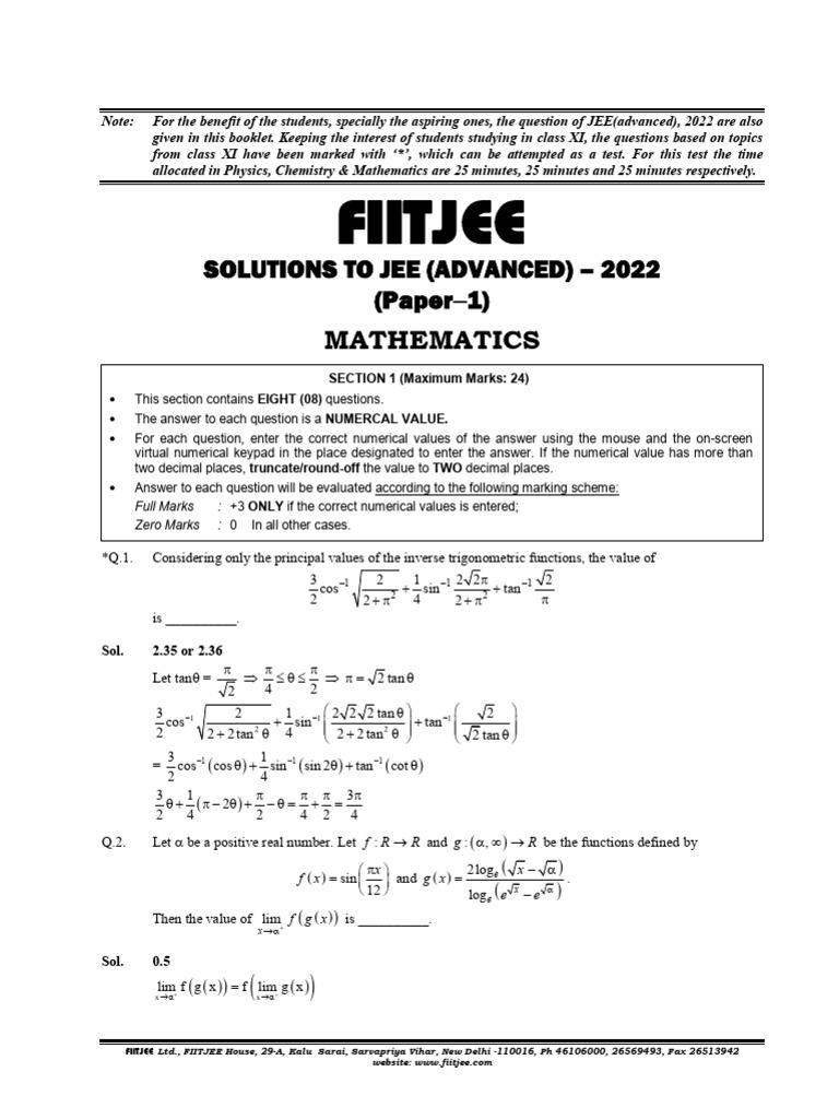 Fiitjee Solution_jee Advanced 2022-Paper-1 | PDF | Function (Mathematics) | Numbers
