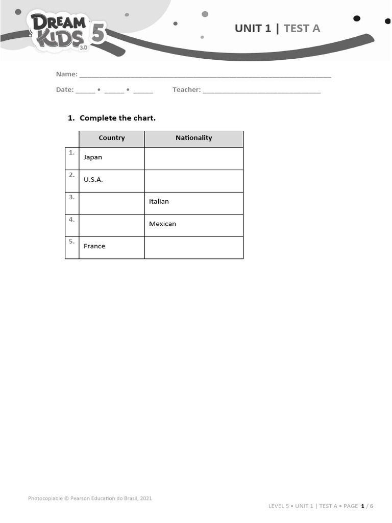 Level 5 Unit 1 Test A Worksheet | PDF | Cuisine | Foods