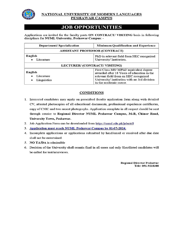 Numl Jobs 2024 | PDF