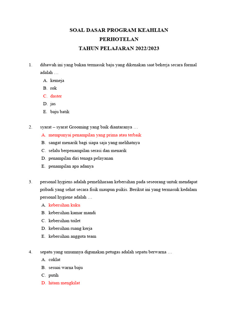 SOAL DASAR PROGRAM KEAHLIAN PERHOTELAN TP 2022_2023 | PDF