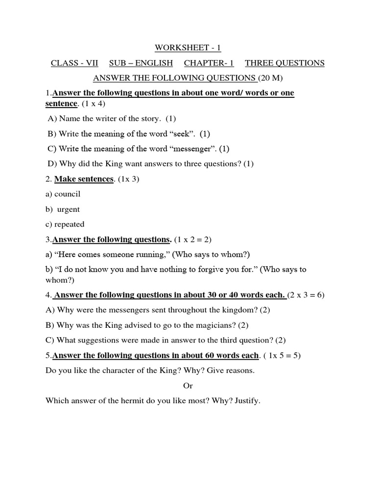 VII Eng L-1 THREE QUESTIONS WS 1 Unsolved) | PDF