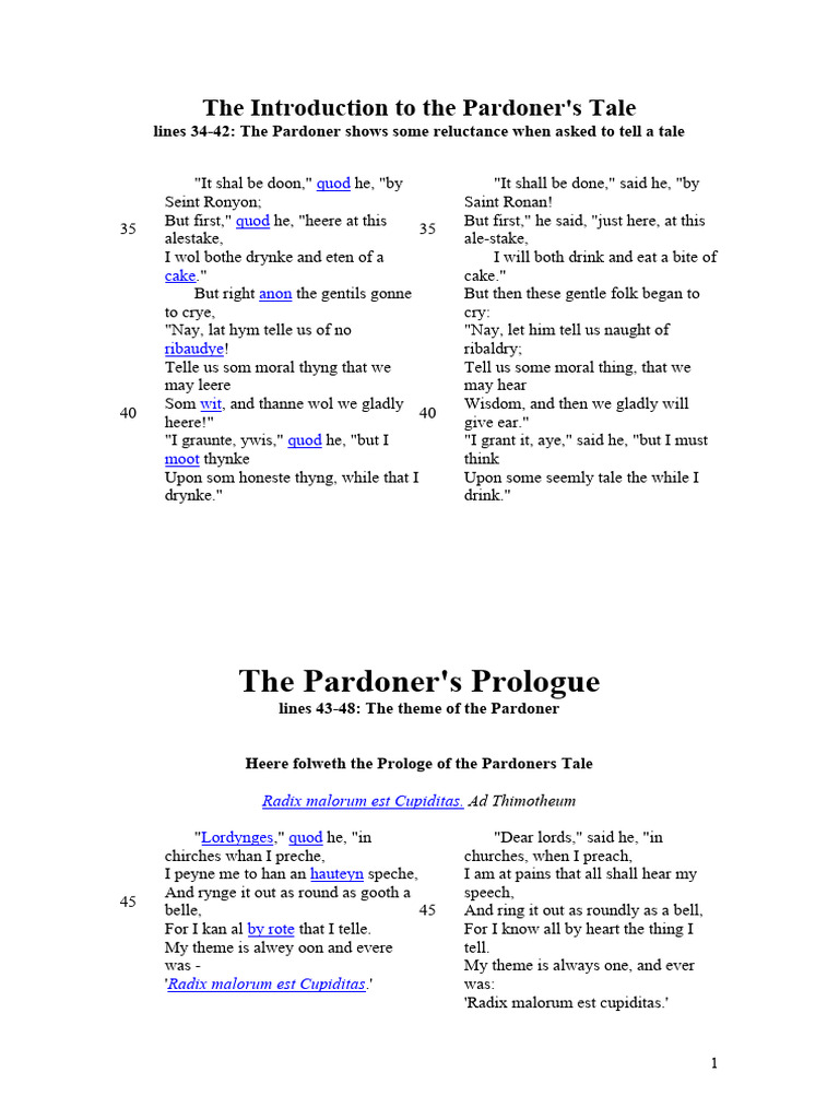 The Pardoner Prologue and Tale Side by Side | PDF