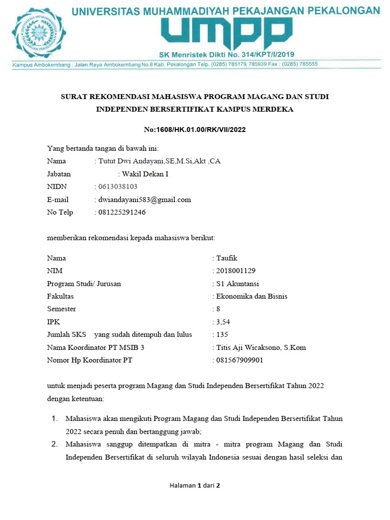 (Format) Surat Rekomendasi PT Untuk Mahasiswa Program MSIB Angkatan 3 | PDF