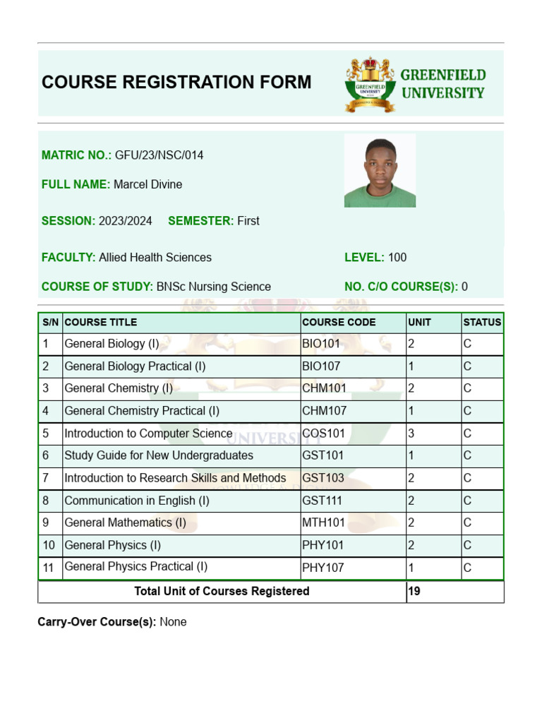 Course Registration Form - Greenfield University | PDF