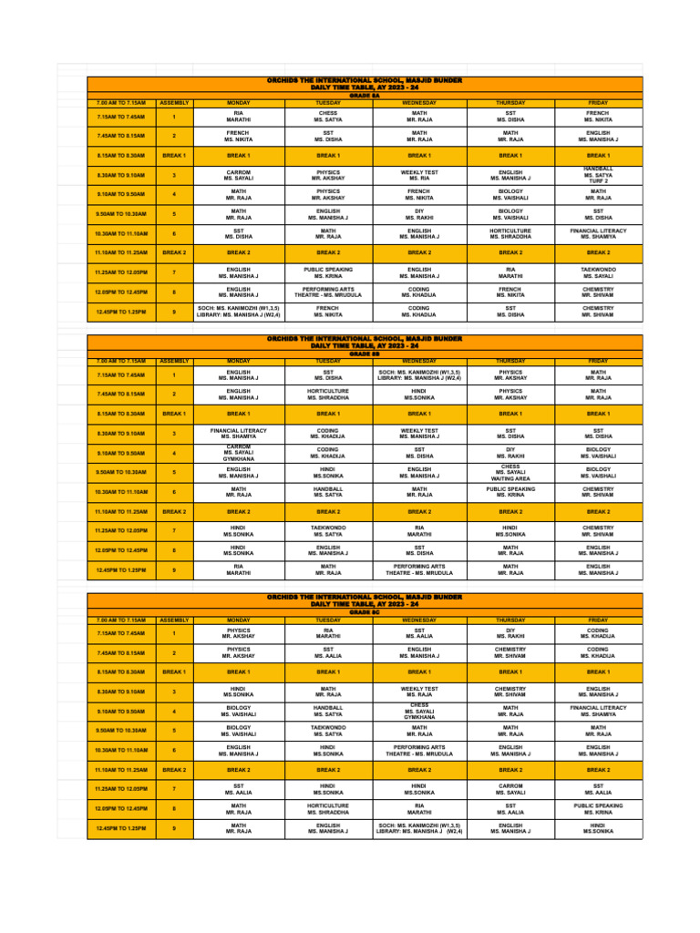 GR 8 - Class Time Table - AY 2023 - 24 | PDF