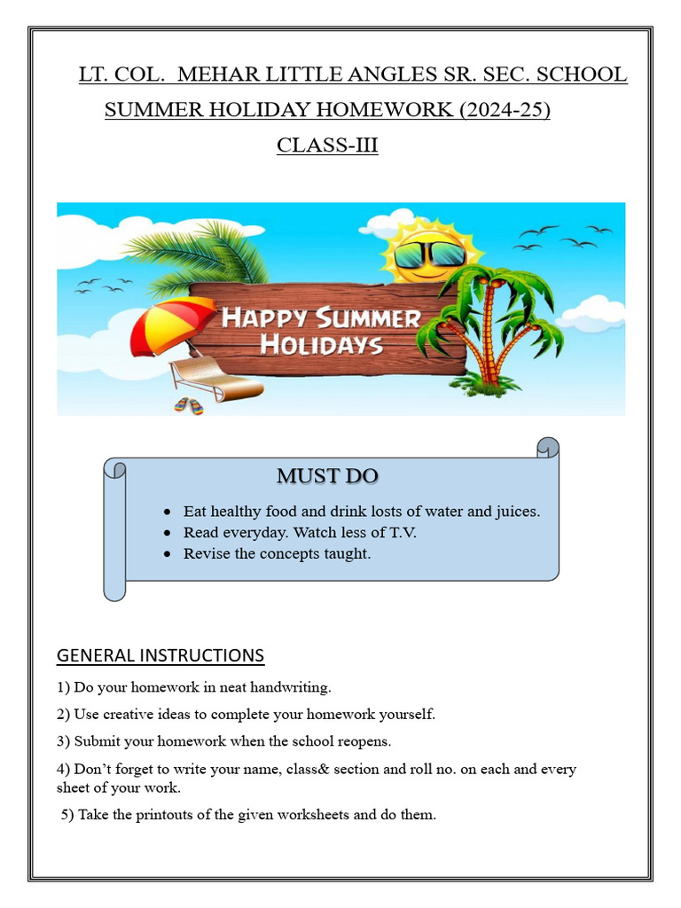 Class 3 Holiday Homework 2024 25 | PDF | Senses