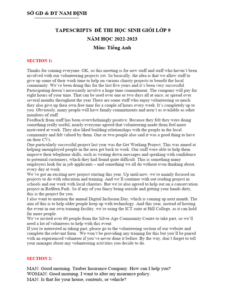 5-TAPESCRIPT-ĐỀ HSG 9- De ca nhan-Pham Thi Nhung | PDF | Password