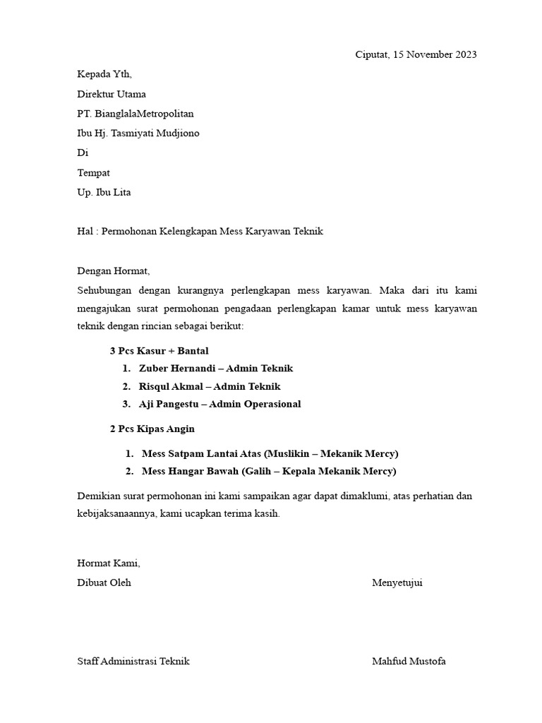 Permohonan Perlengkapan Mess Karyawan | PDF | Teknologi & Rekayasa