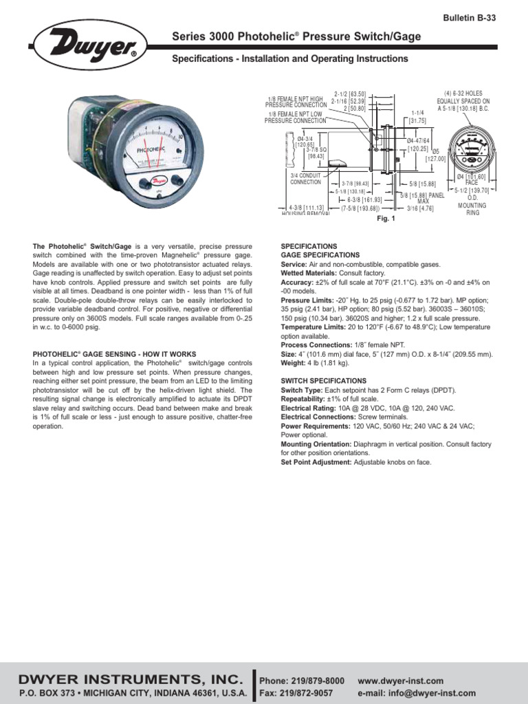 DWYER Serie 3000 Photohelic - Pressure Switch-Gage | PDF | Relay | Switch