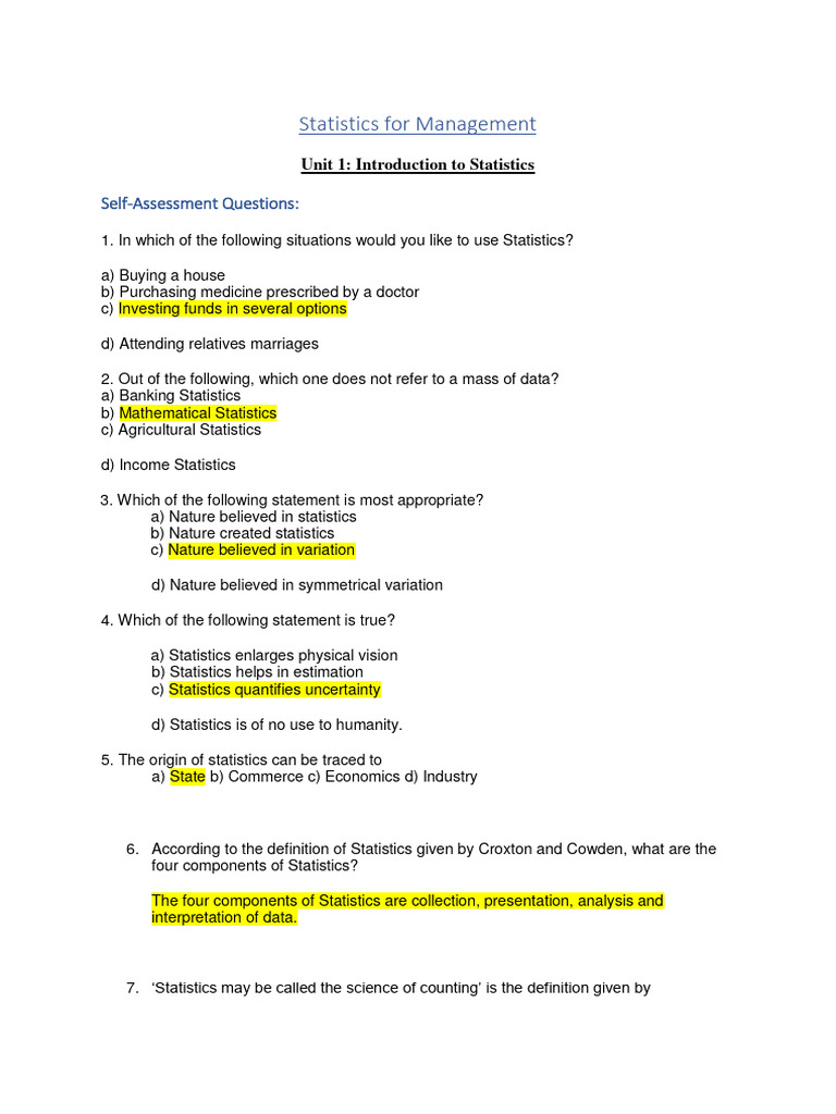 Statistics for Management MCQs and Terminal Questions from all units ...