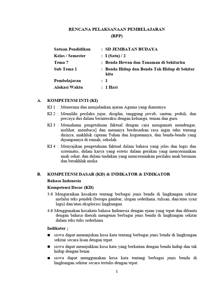 RPP SD Kelas 1 Tema 7 2021-2022 | PDF | Seni & Disiplin Bahasa