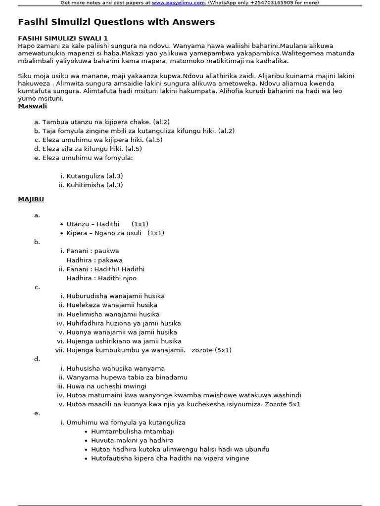 Fasihi Simulizi Questions With Answers | PDF