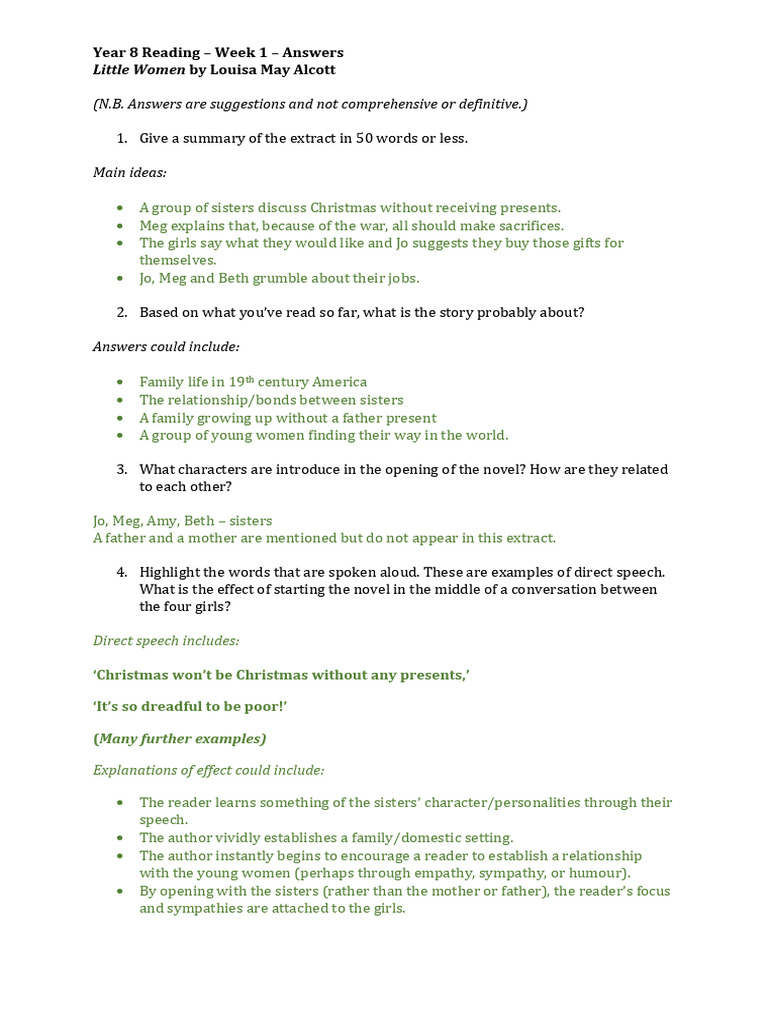 Y8 English X-Y Band Week 1 Answers | PDF | Little Women