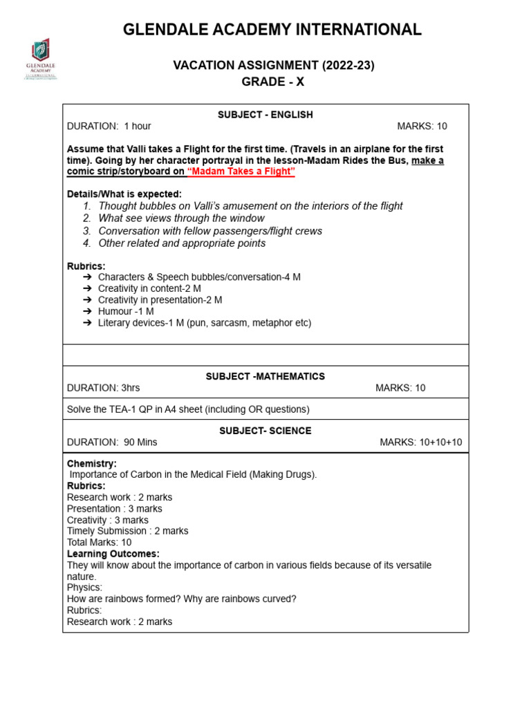 GRADE-X-Vacation Assignment - 2022-23 | PDF | Cognition