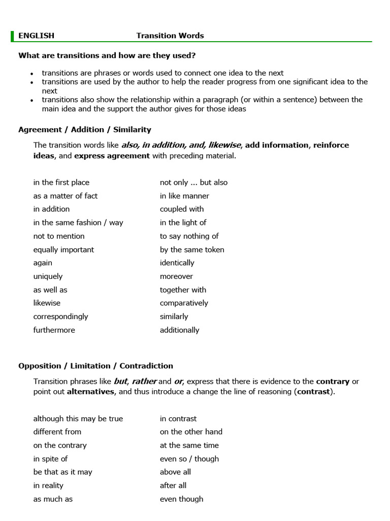 Transitional Words | PDF | Idea | Reason