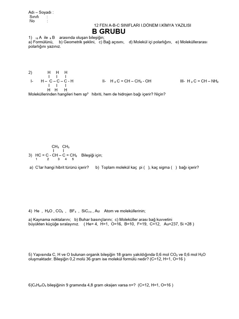 12 Sinif Kimya 1 Donem 1 Yazili | PDF