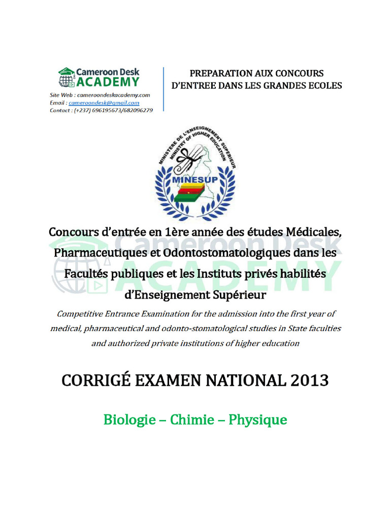 Corrige Medecine 2013 - Biologie - Chimie - Physique | PDF