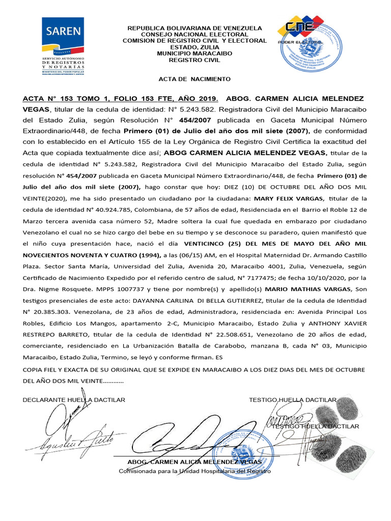 Partida de Nacimiento Del Zulia Mario Mathias Vargas | PDF | Documento ...