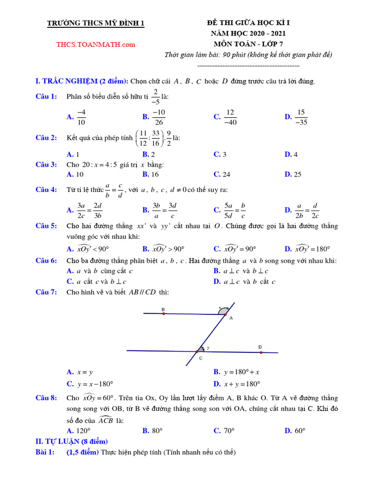 De Thi Giua Hoc Ki 1 Toan 7 Nam 2020 2021 Truong Thcs My Dinh 1 Ha Noi | PDF