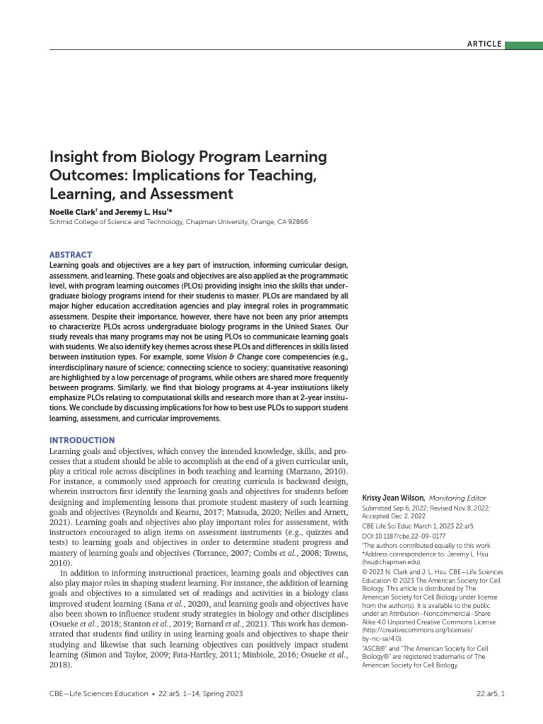 Clark Et Al 2023 Insight From Biology Program Learning Outcomes ...