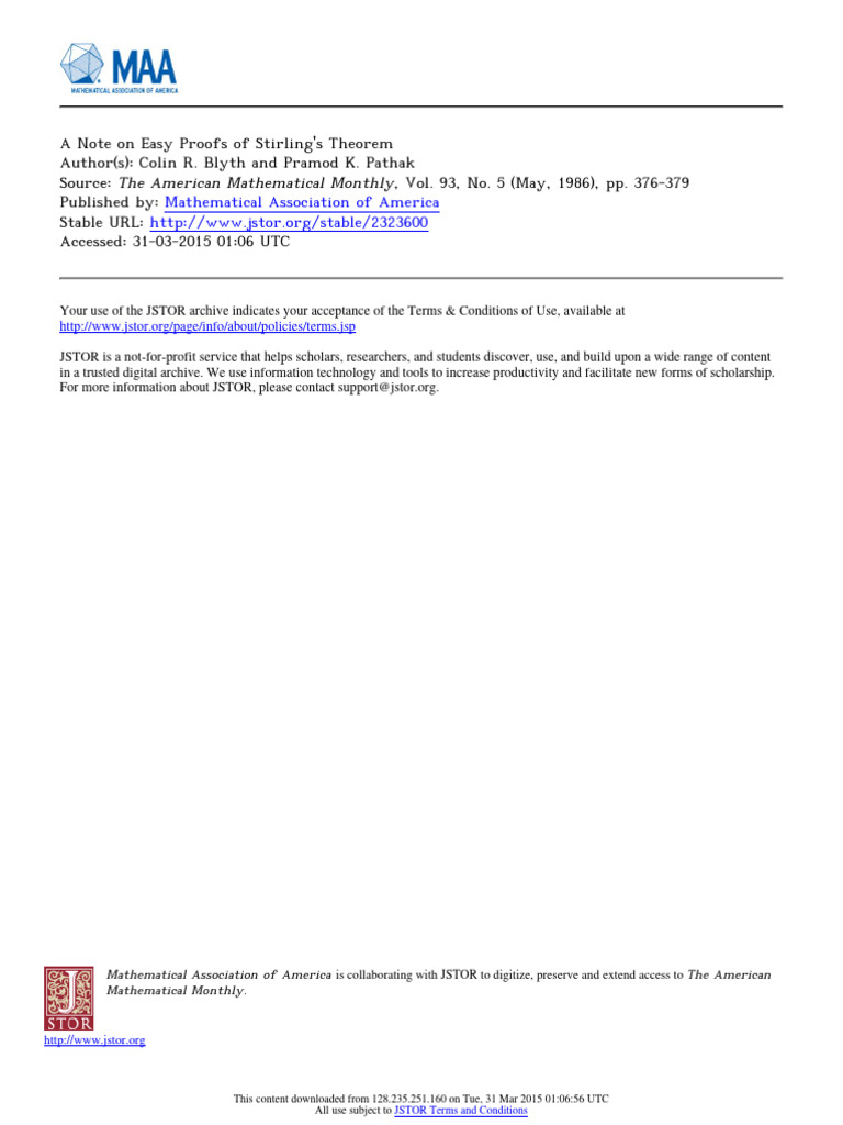 A Note of Easy Proofs of Stirling S Theorem | PDF | Mathematical Logic ...