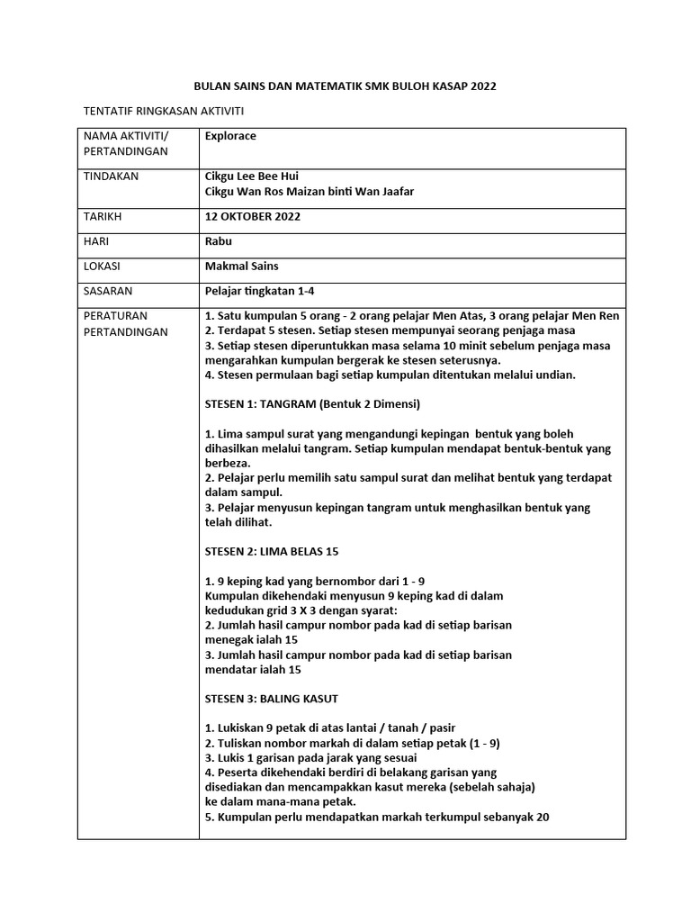 Bulan Sains Dan Matematik SMK Buloh Kasap 2022 Ringkasan Aktiviti-Explorace | PDF