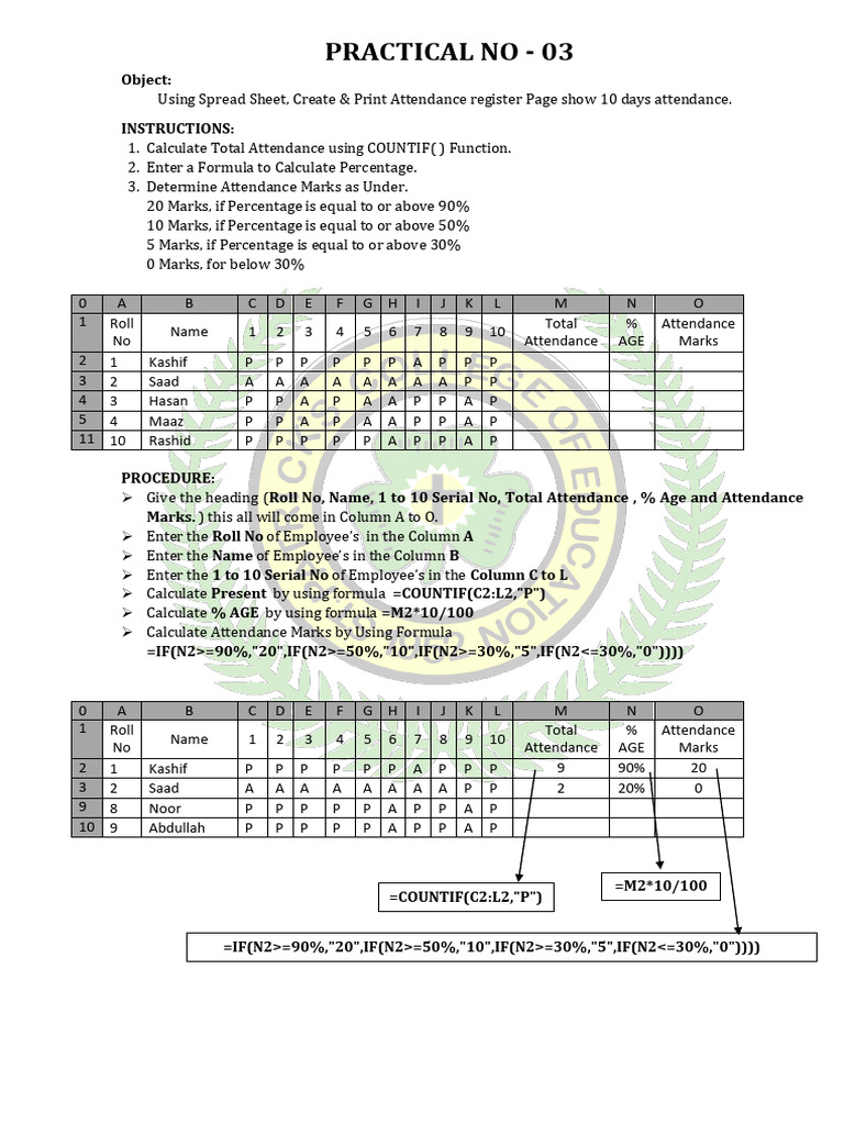 Excel Practical# 03 Attendance Sheet | PDF | Mathematics