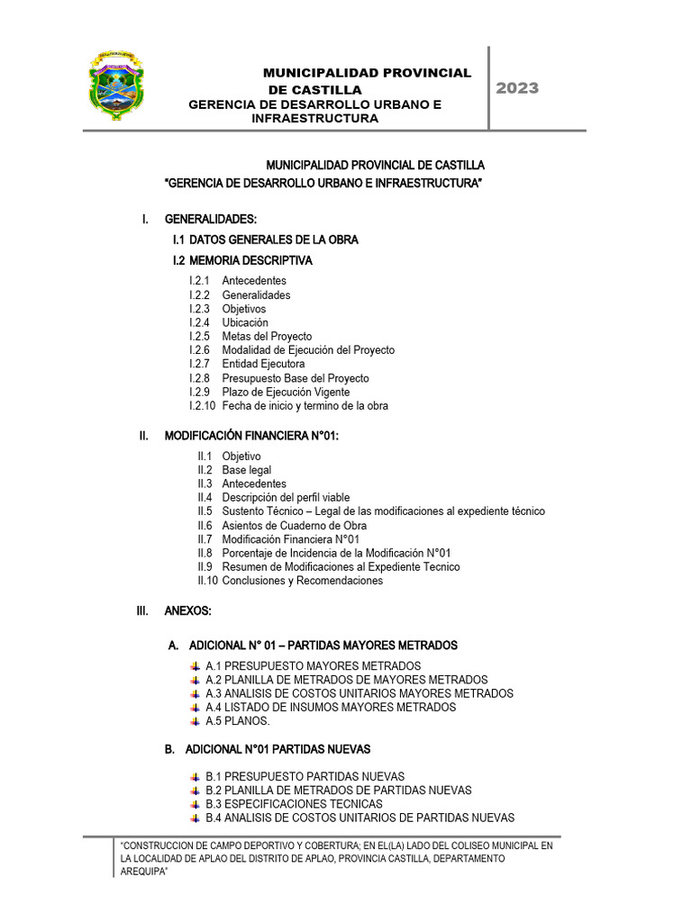 Memoria Descriptiva Adicional 01 Losa Deportiva | PDF | Presupuesto