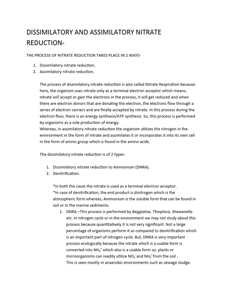 Dissimilatory and Assimilatory Nitrate Reduction | PDF | Metabolism ...