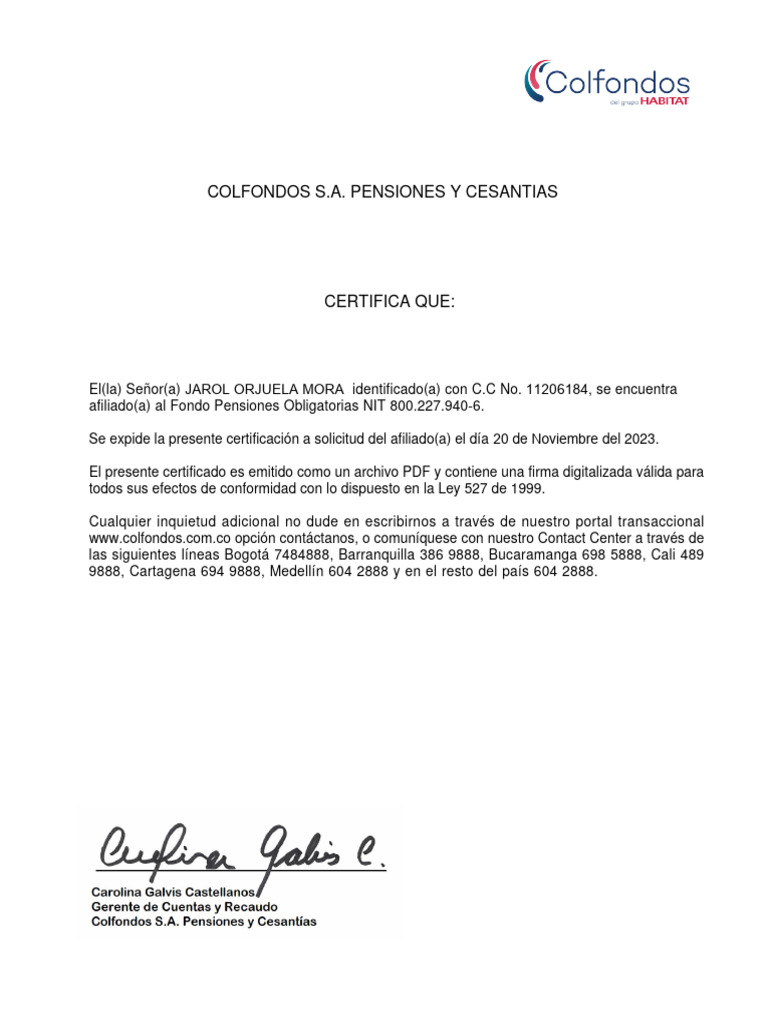 Certificado Colfondos - Jarol Orjuela Mora | PDF