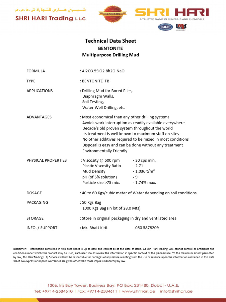 TDS & MSDS Bentonite | PDF | Water | Chemistry