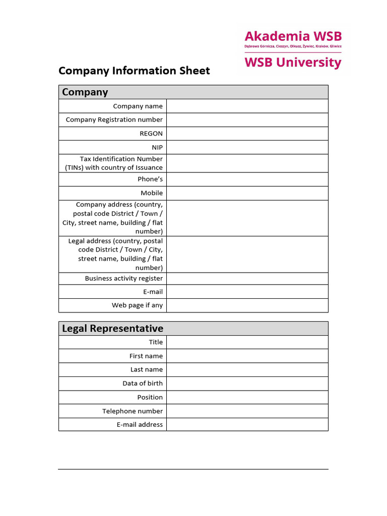 Company Information Sheet Template | PDF