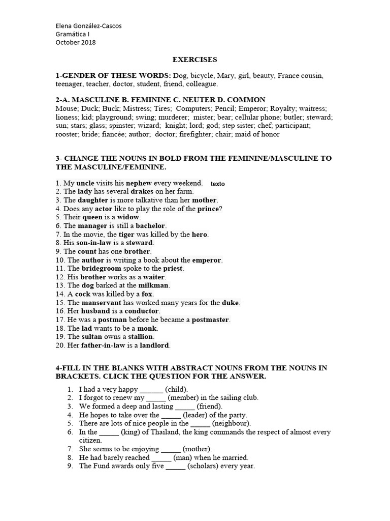 Exercises Nouns | Download Free PDF | Grammatical Gender