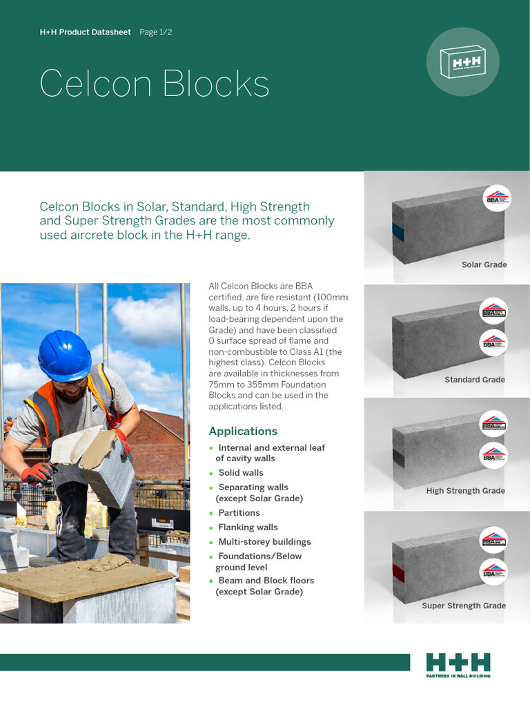 Celcon Blocks Datasheet: Grades & Specs | PDF | Wall | Structural ...