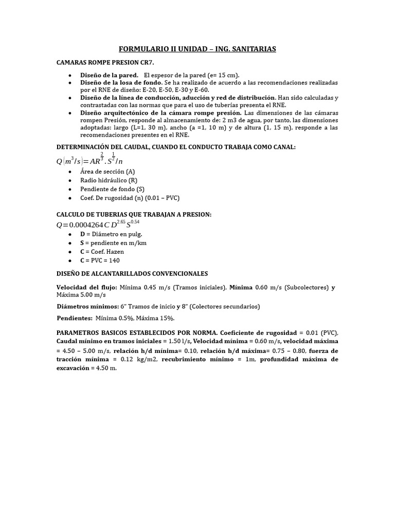 FORMULARIO II UNIDAD Ing Sanitarias | PDF | Alcantarillado | Problemas ambientales con el agua