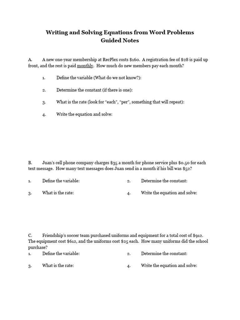Writing and Solving Equations From Word Problems Google Docs | PDF ...