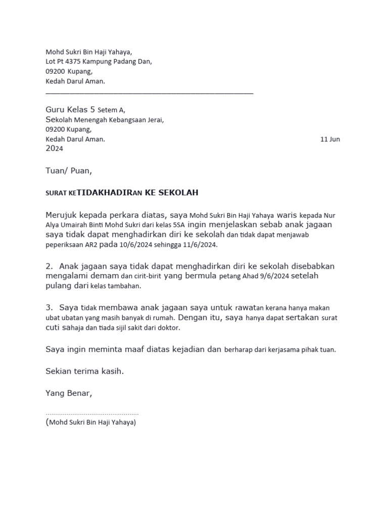 Surat Tidak Hadir Nur Alya Umairah Binti Mohd Sukri(1) | PDF