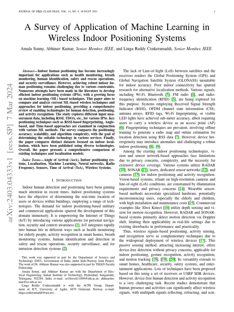 A Survey of Application of Machine Learning in Wireless Indoor Positioning Systems | PDF ...