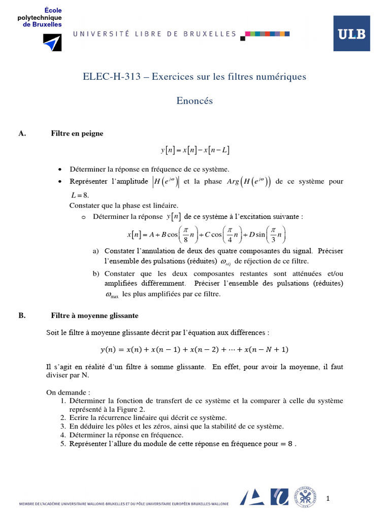 Exercices sur les filtres numériques | PDF | Filtre (électronique ...