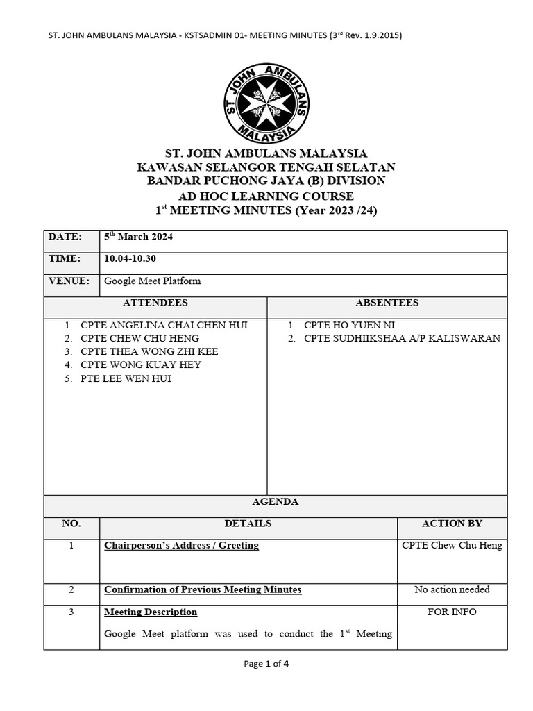 1st Adhoc Learning Course Meeting Minute Year 2024 | PDF | Career & Growth