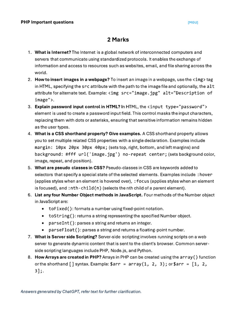 PHP Question Answers (2 Marks) | PDF
