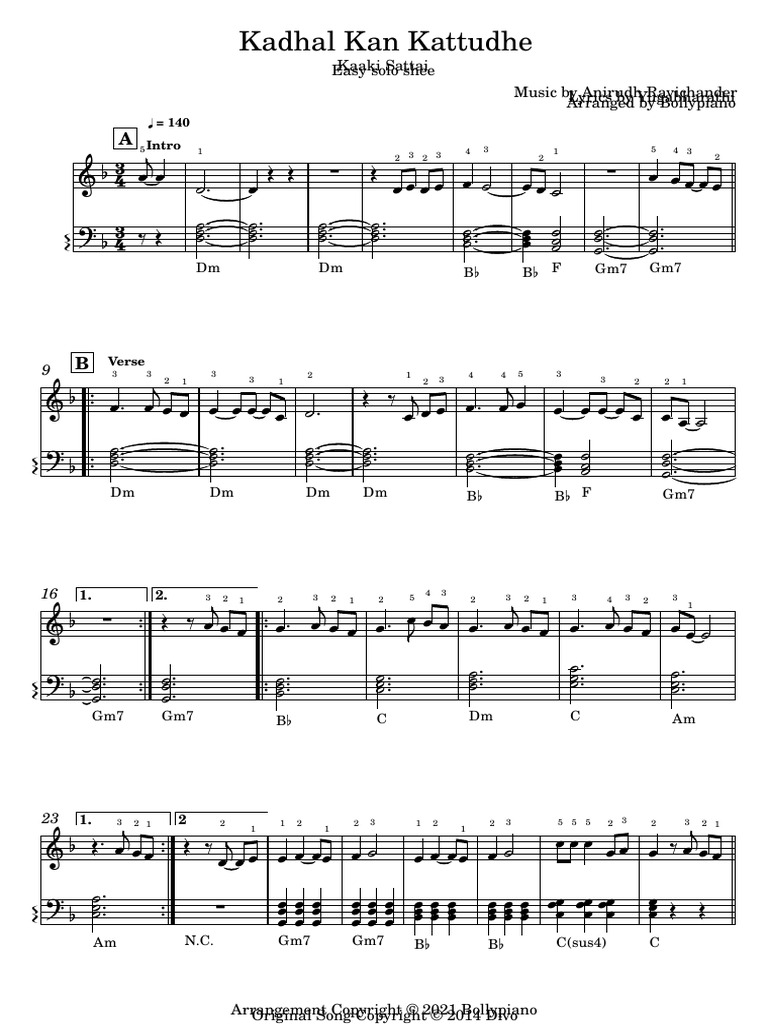 Kadhal kan Kattude Piano Sheet Music | PDF
