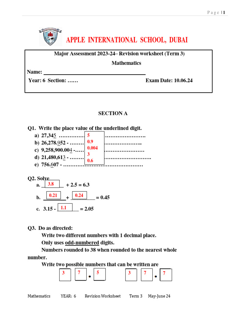 Year 6 Mathematics Revision Worksheet | PDF | Arithmetic | Mathematics